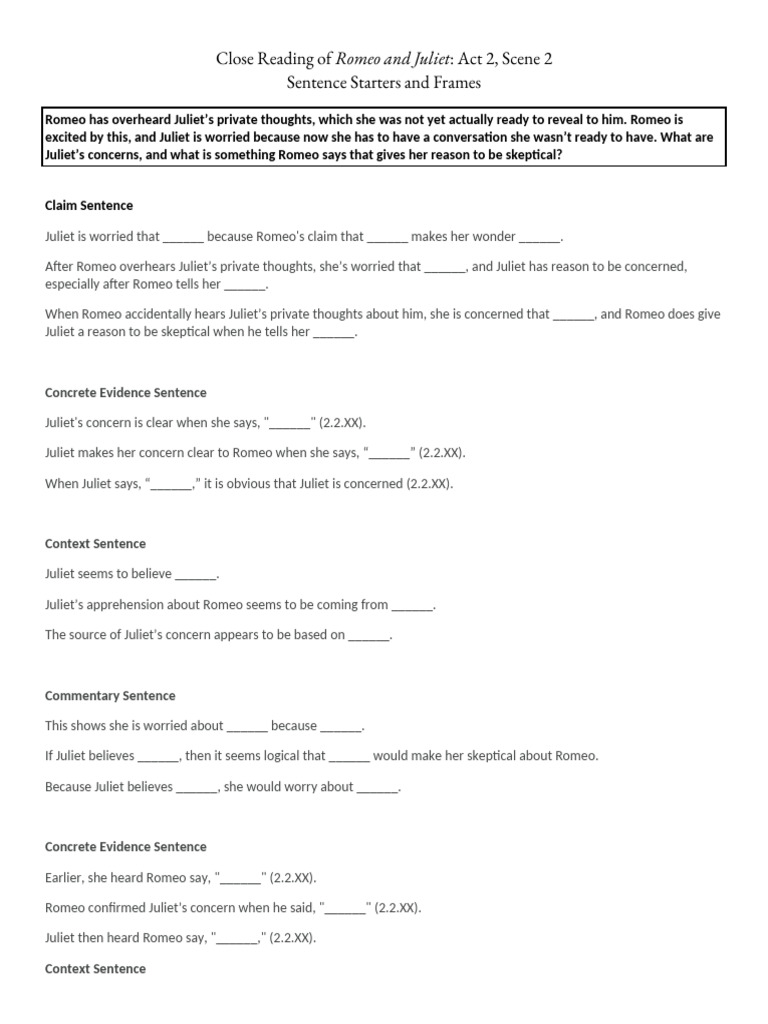Sentence Starters - Frames For Paragraph Response | PDF | Juliet