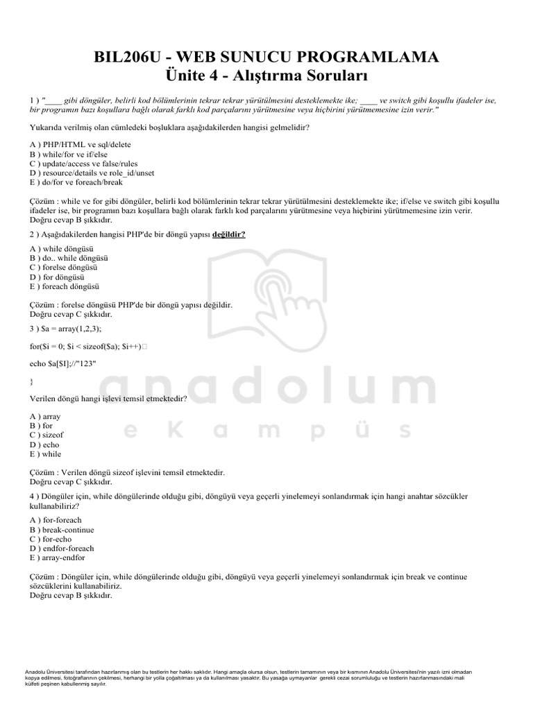 Bil206U - Web Sunucu Programlama Ünite 4 - Alıştırma Soruları | PDF