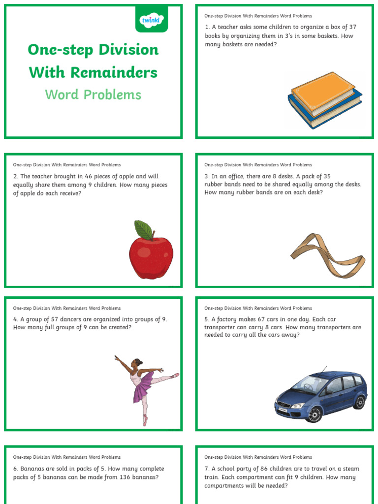 Color One Step Division With Remainders Word Problem Challenge Cards | PDF