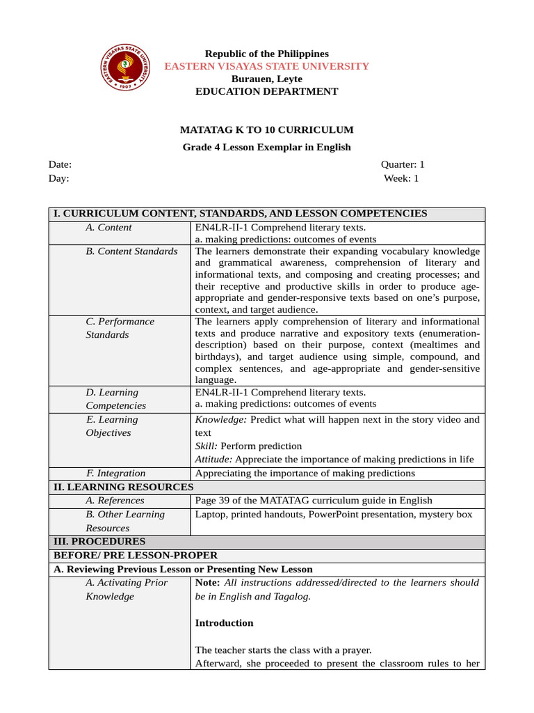 Matatag Lesson Exemplar in English | PDF | Prediction | Reading ...