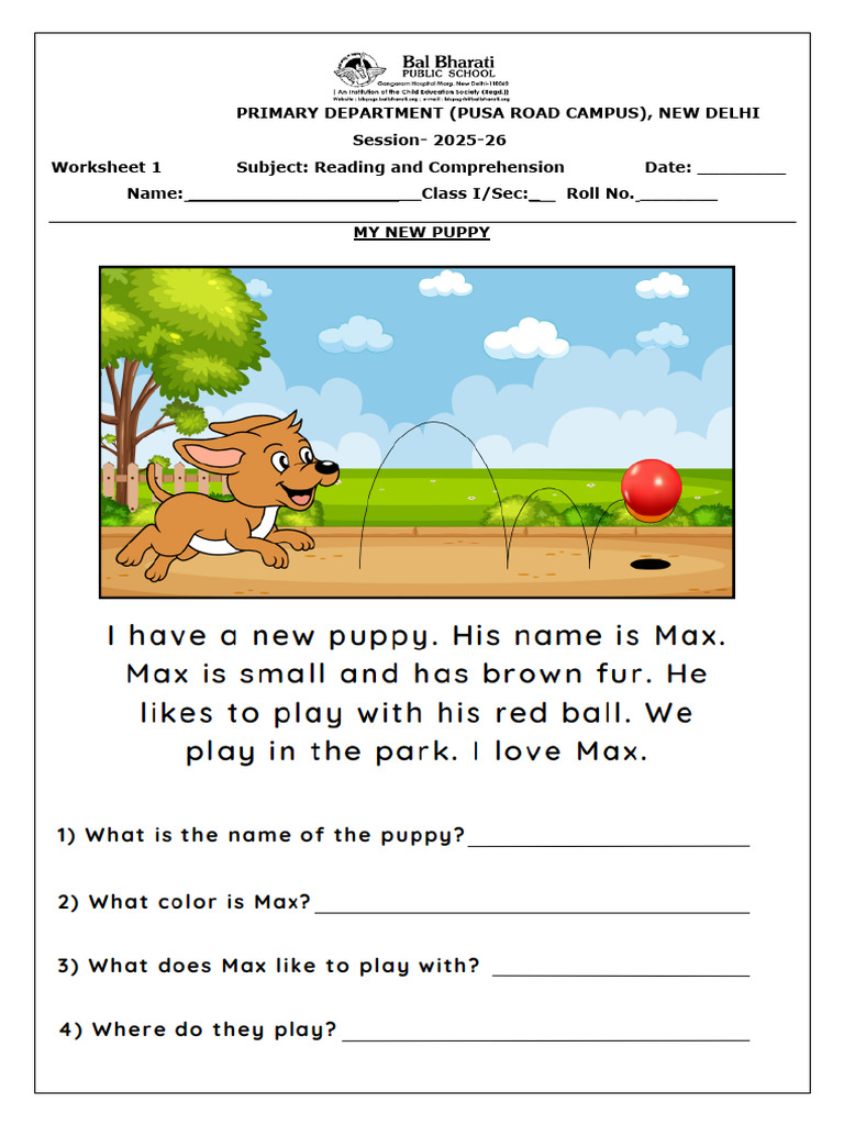 Reading Worksheet for Class I | PDF