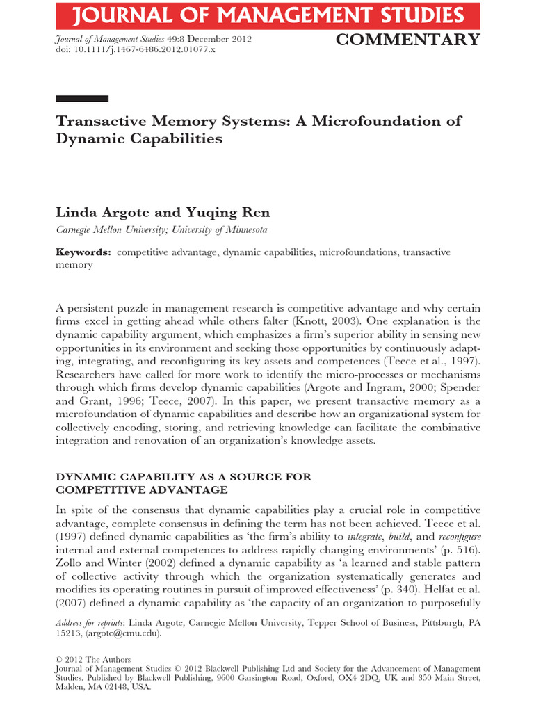 Transactive Memory as Competitive Advantage | PDF | Cognitive Science ...
