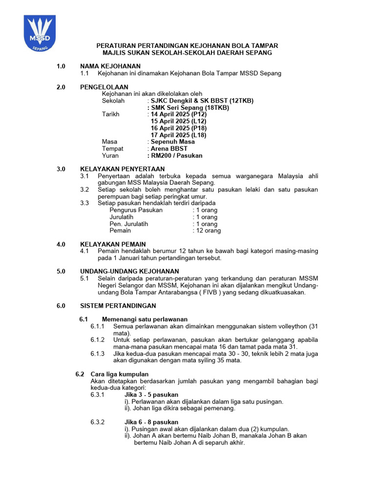 Peraturan Kejohanan Bola Tampar MSSD 2025 | PDF