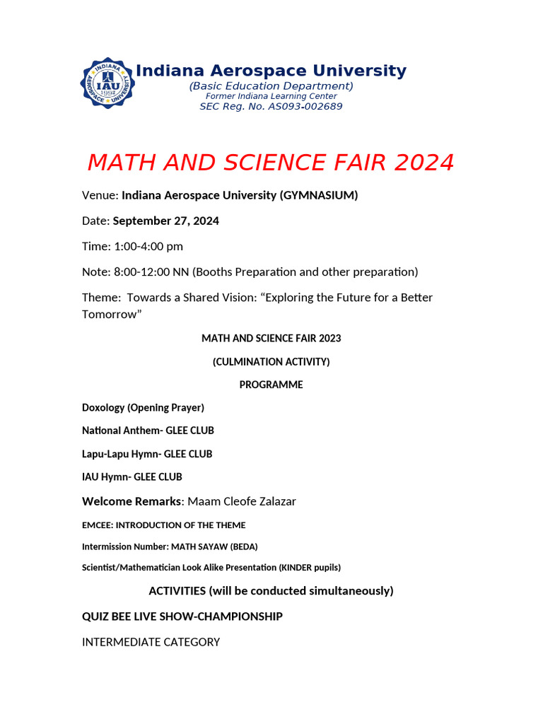 TENTATIVE-PROGRAMME-MATH-SCI-ACTIVITY 2024 | PDF