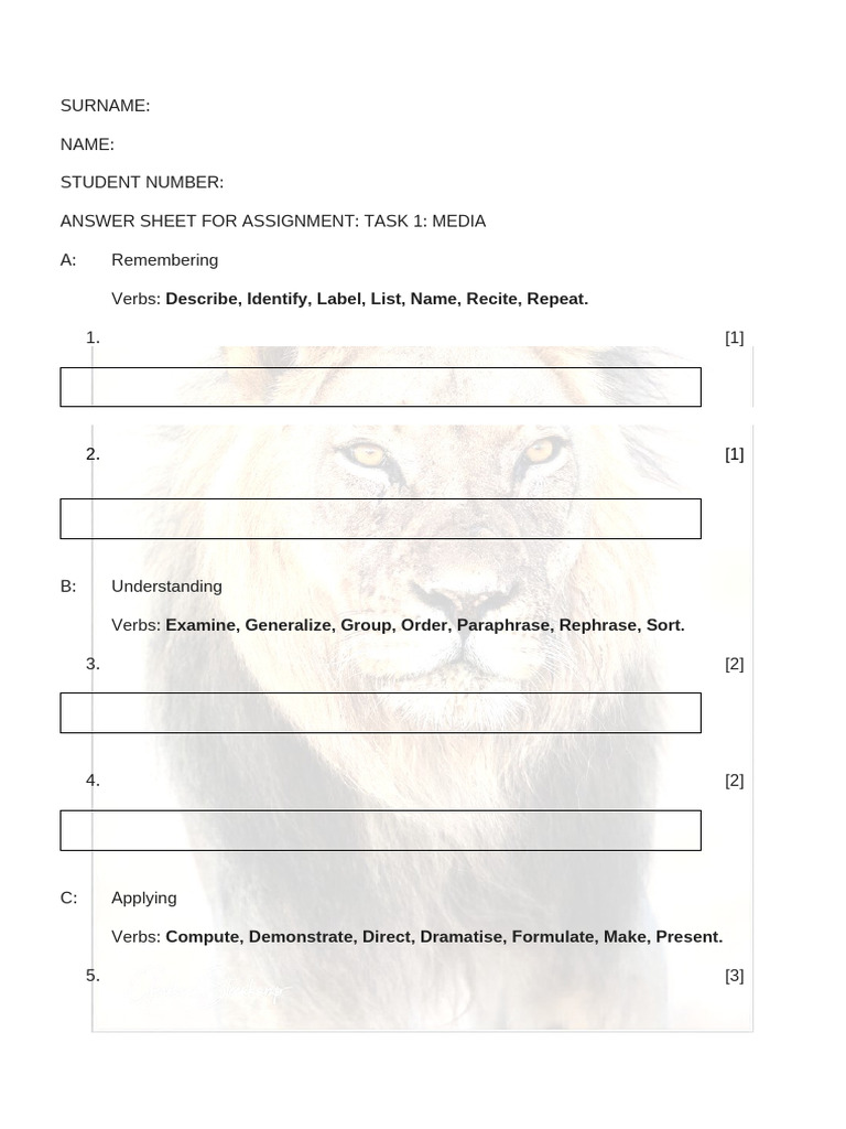Assignment Answer Sheet Template Pdf