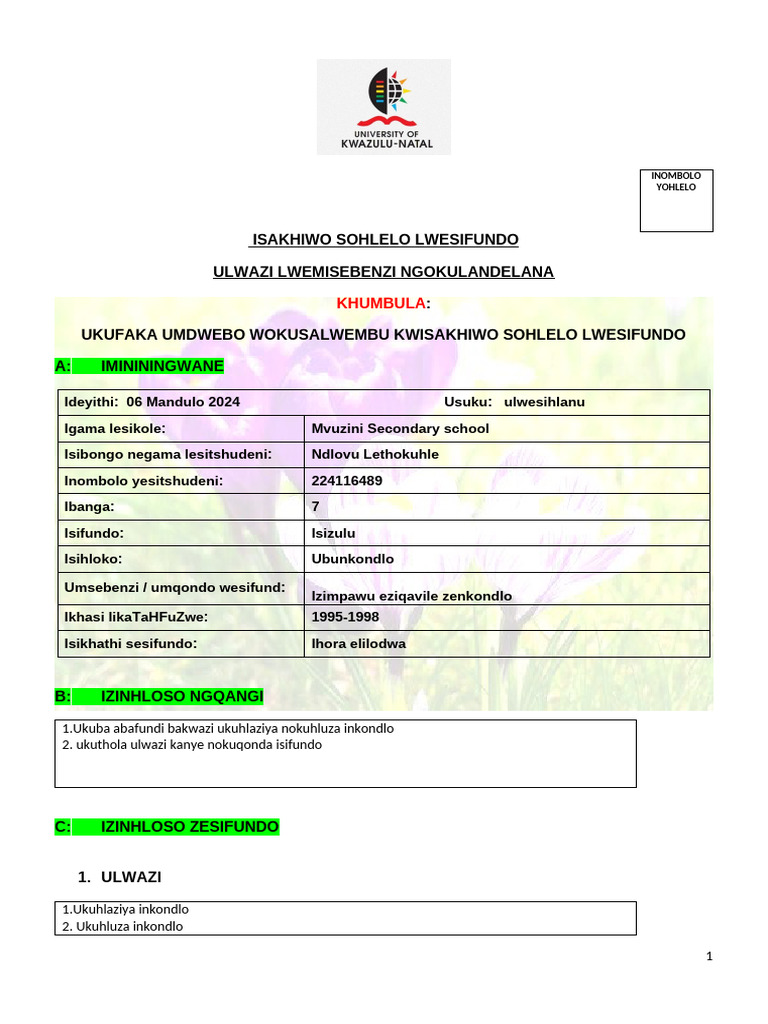 Lethokuhle Zothani Ndlovu 224116489 Isizulu Lesson Plan | PDF