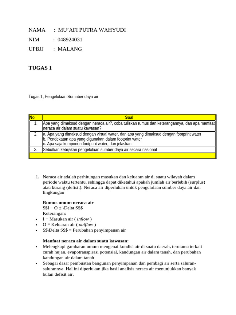 Tugas 1 Pengelolaan Sumber Daya Air | PDF