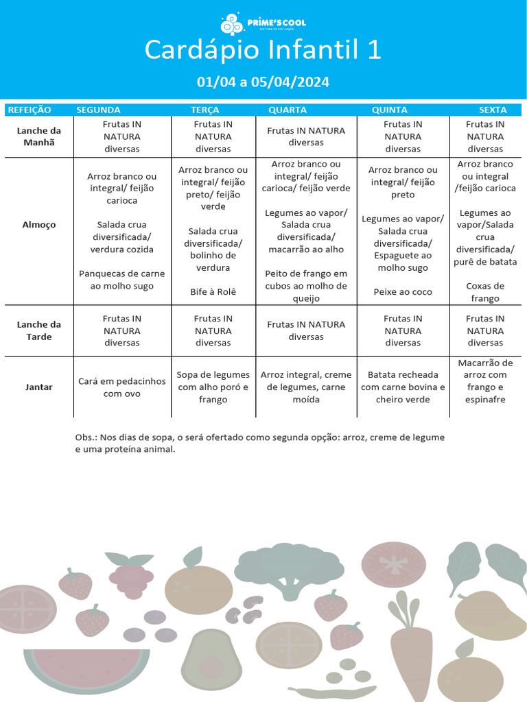 Cardápio Infantil Semanal 01-05/04/2024 | PDF | Creme (gastronomia ...