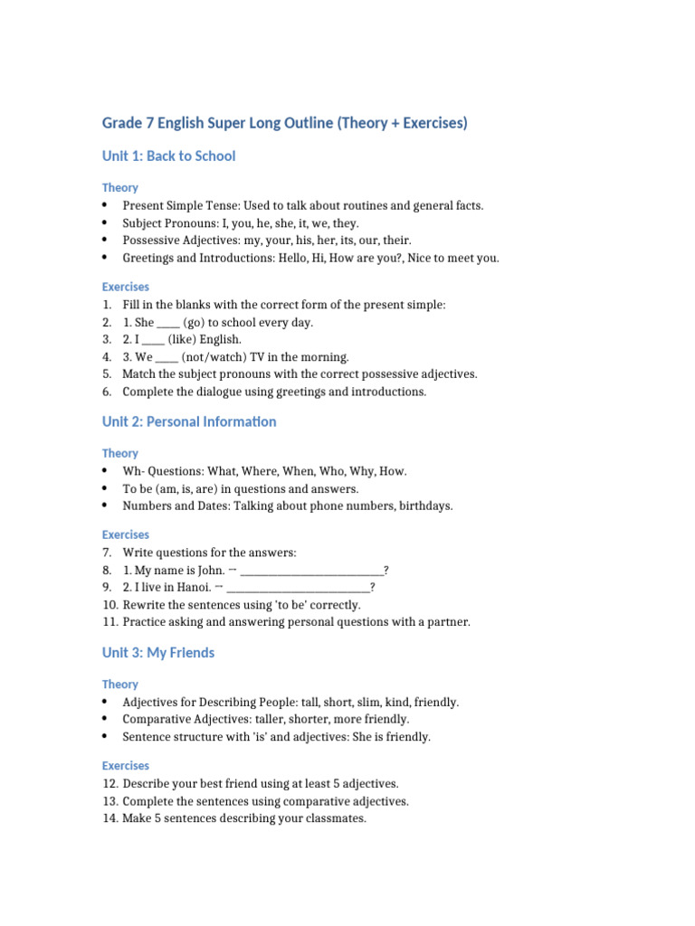 Grade 7 English Outline: Tenses & Exercises | PDF
