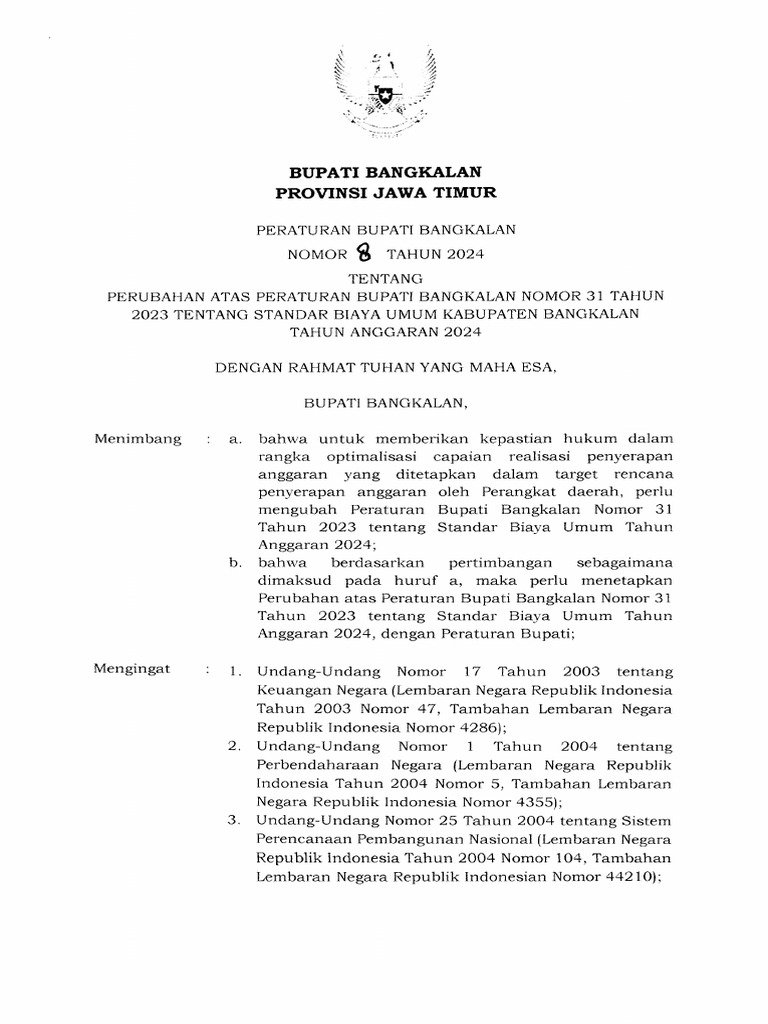 Perbup_2024_8 Perubahan No 31 Th 2023 Standar Biaya Umum | PDF