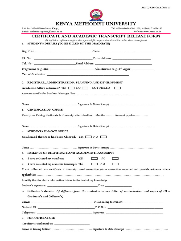 Certificatereleaseform KeMU ACA REG REC17 E2d3 | PDF | Written Communication