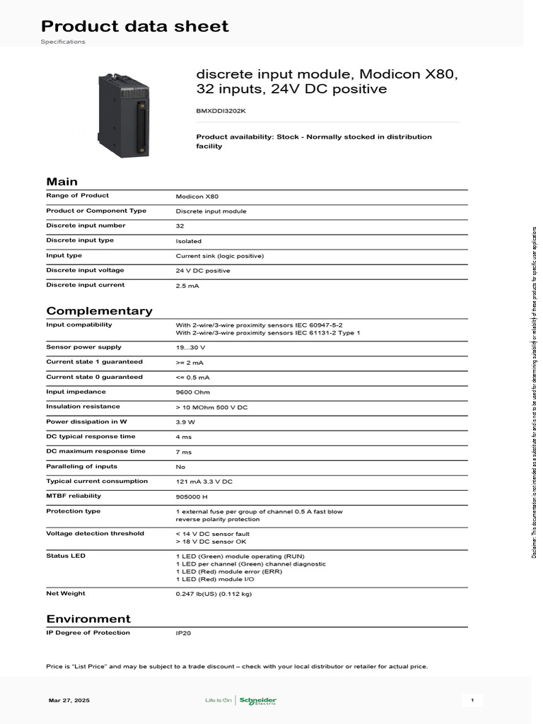 Schneider Electric Modicon-X80-Modules BMXDDI3202K | PDF | Programmable Logic Controller ...