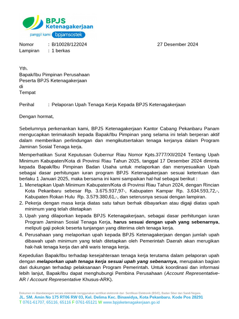 Surat UMK Tahun 2025 | PDF