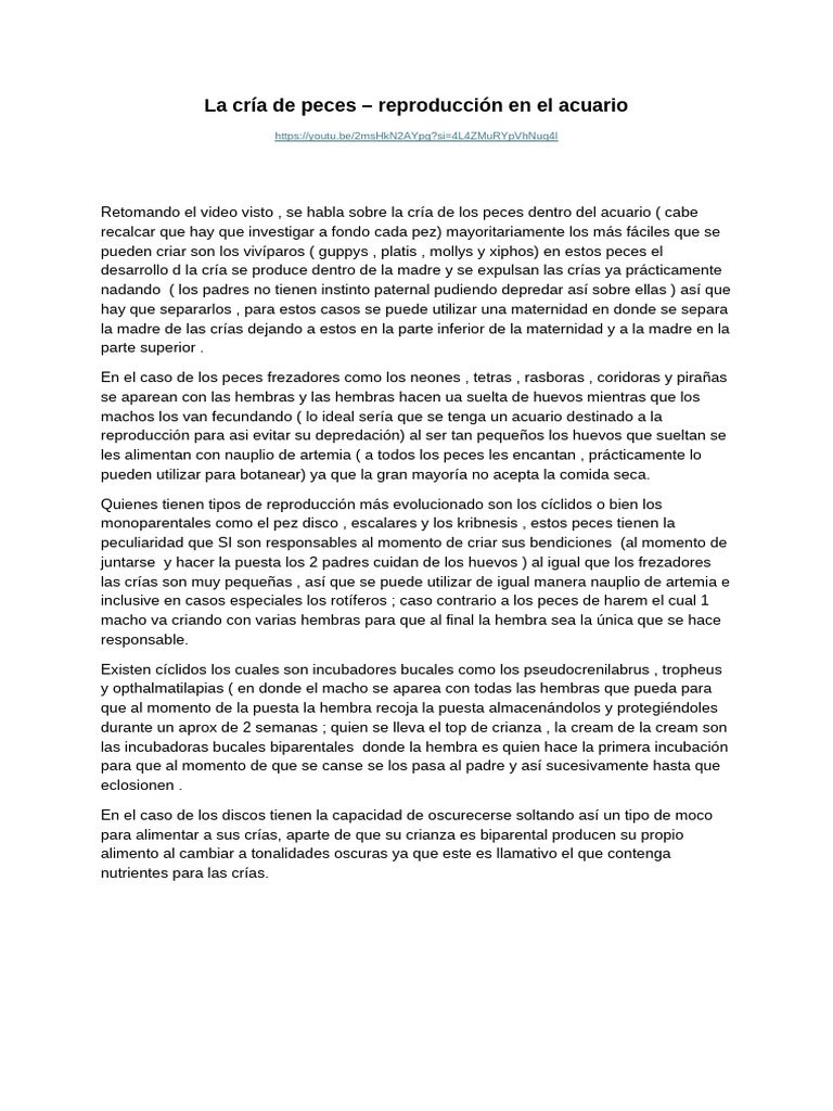 La Cria de Peces-Reproduccion en El Acuario | PDF | Pescado | Zoología