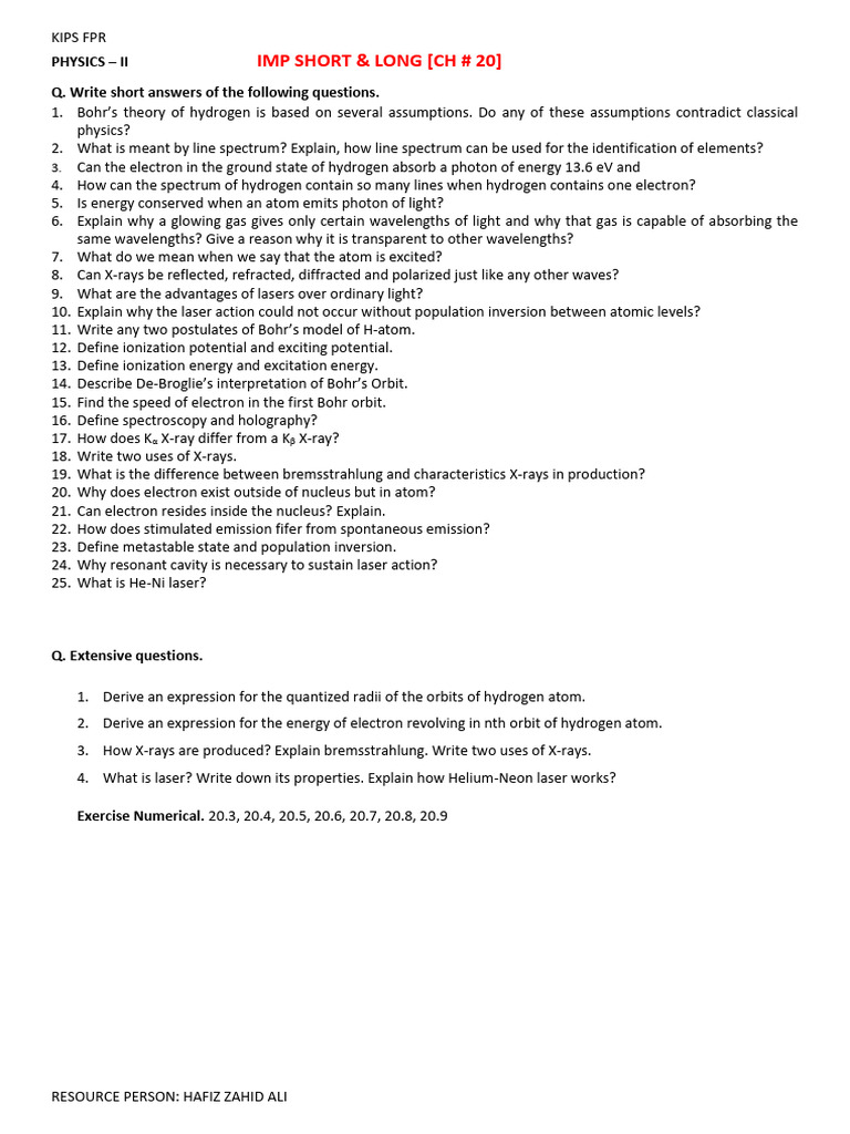 Phy-2 Imp SQ LQ CH # 20 | PDF