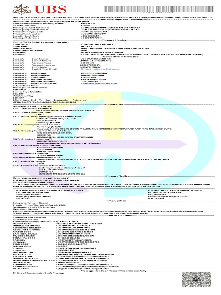 Swift GPI Transaction MT103 Message G138475469N With Final Code-18 May ...