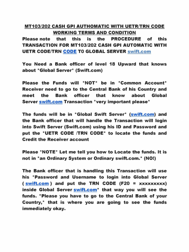 Procedures For Mt103 202 Cash Gpi Authomatic With Uetr Code and TRN ...
