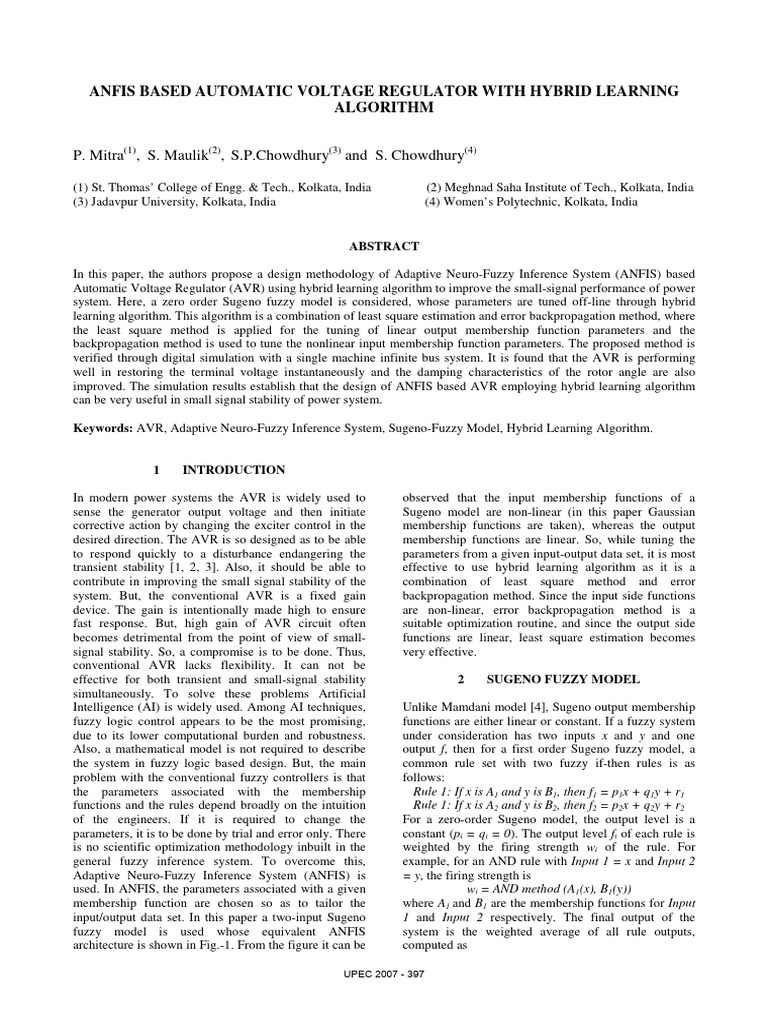 ANFIS Based Automatic Voltage Regulator With Hybrid Learning Algorithm | PDF | Fuzzy Logic ...