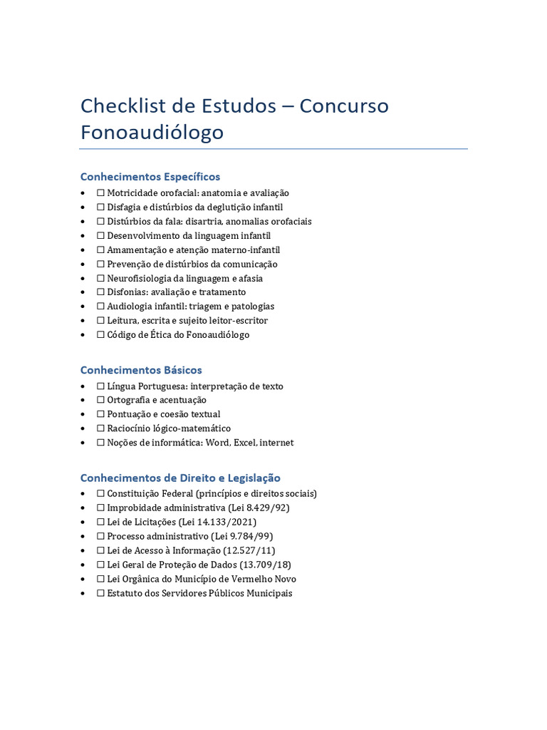 Checklist para Concurso de Fonoaudiólogo | PDF