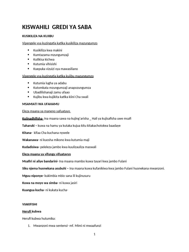 Grade 7 Kiswahili Notes | PDF