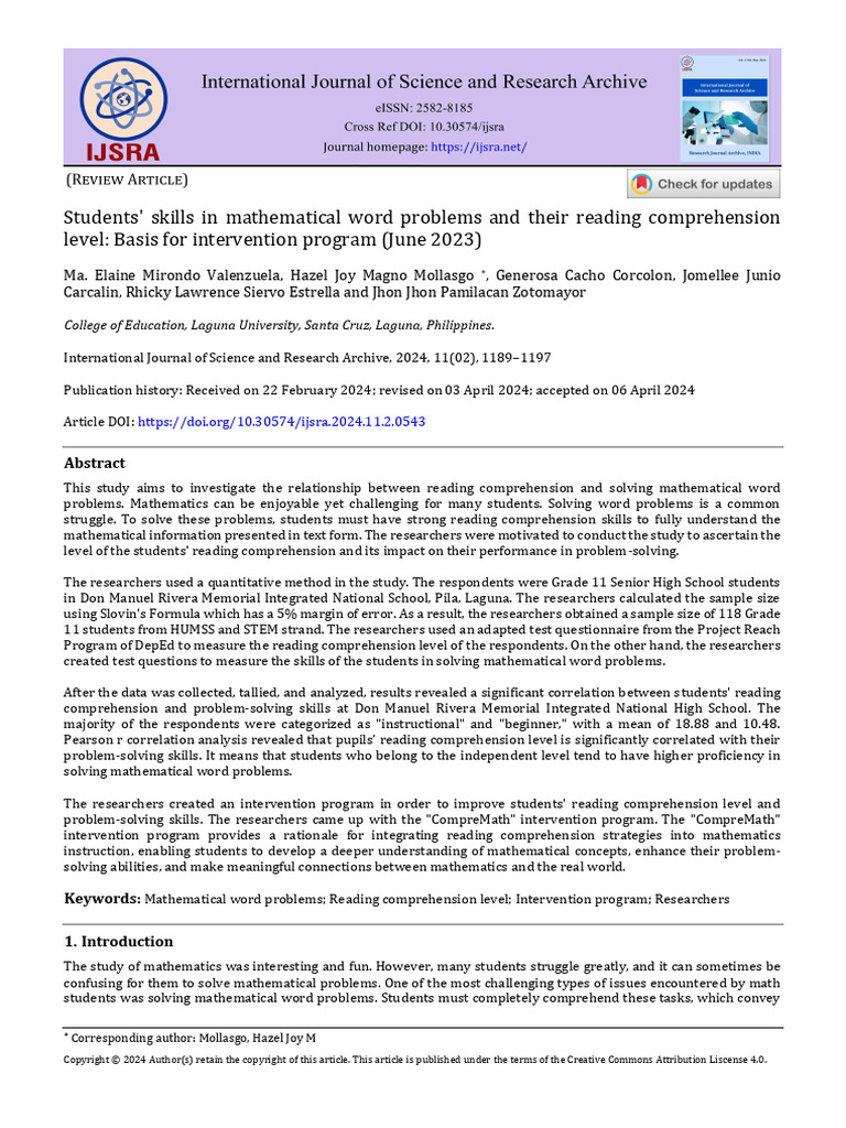 Students Skills in Mathematical Word Problems and | PDF | Reading Comprehension | Mathematics