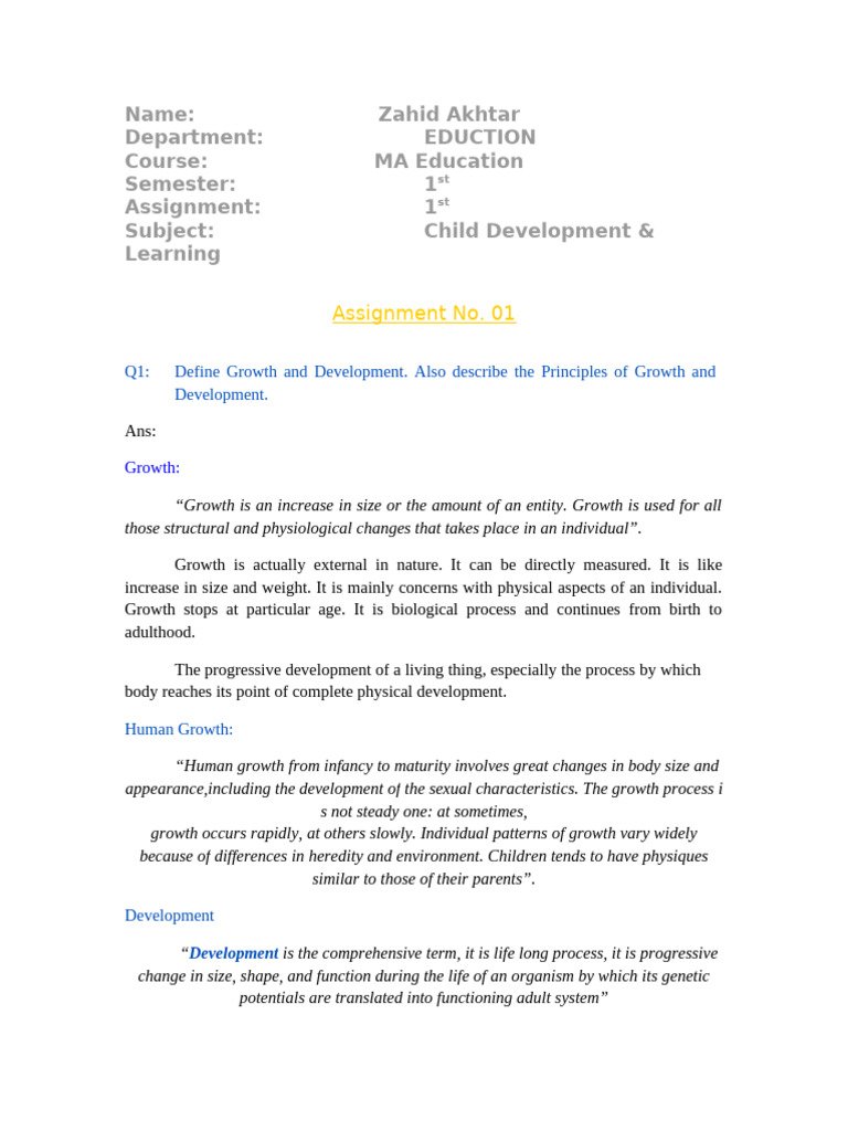CDL No.1 Asignment Zahid Akhtar | PDF | Prenatal Development | Thought