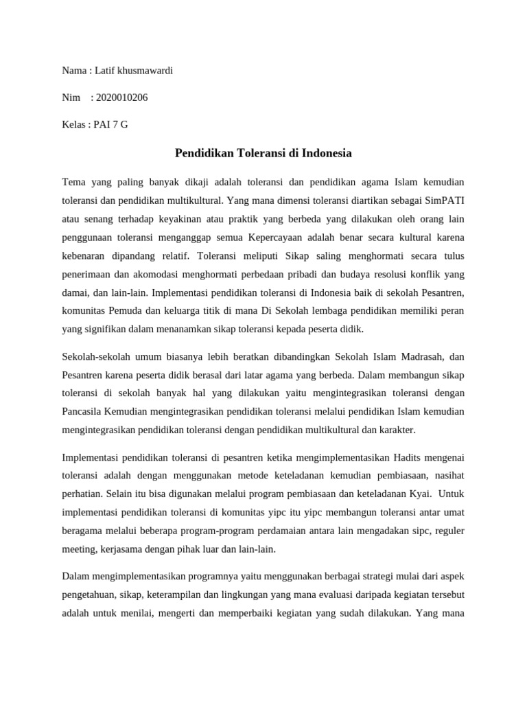 Pendidikan Toleransi Di Indonesia | PDF