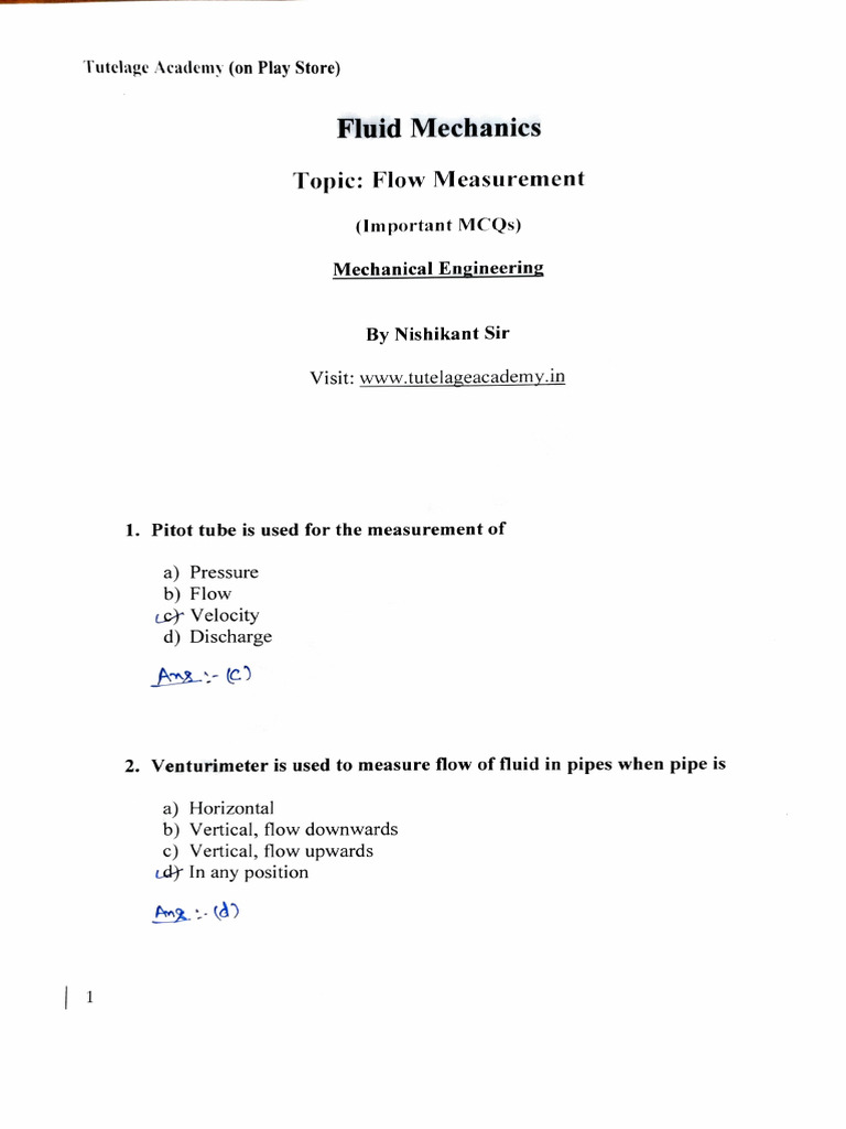 Flow Measurements MCQs - 27509241 | PDF | Flow Measurement | Fluid Dynamics