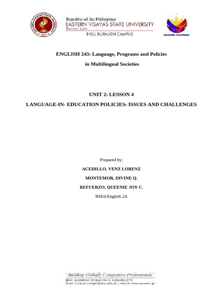 Unit 2 Lesson 4 Language-In - Education Policies | PDF | Multilingualism | Hebrew Language