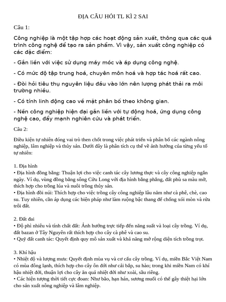 ĐỊA CÂU HỎI TL CK2 SAI | PDF
