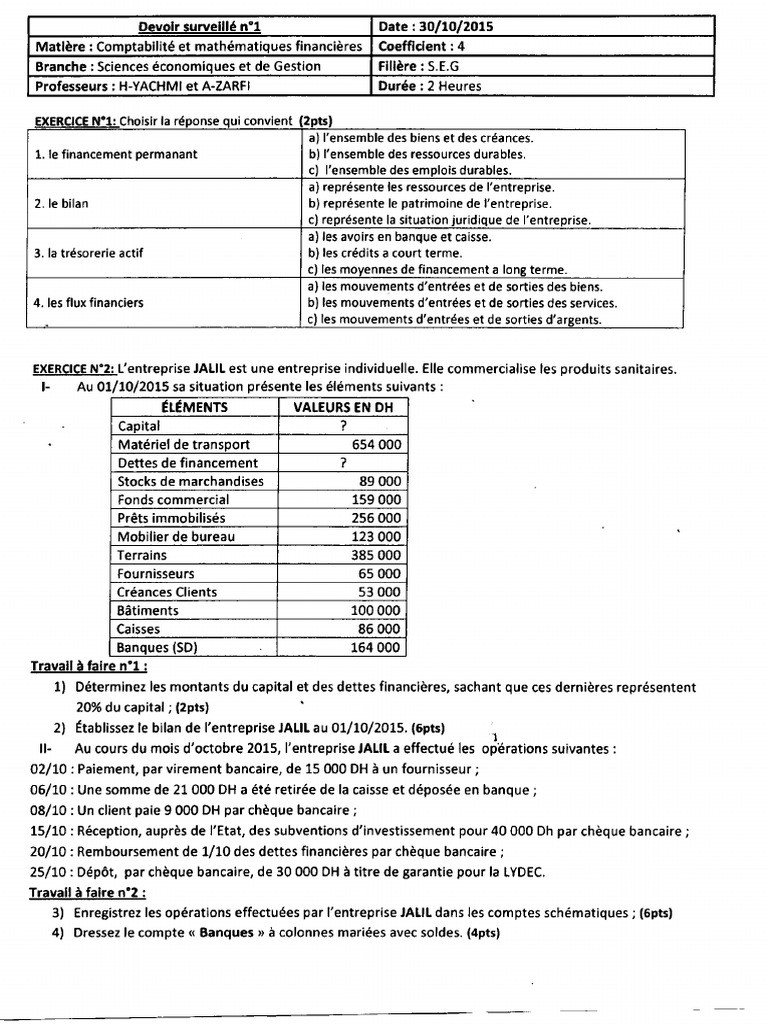 Devoir 1 Modele 5 Comptabilite 1 Bac Eco Semestre 1 | PDF