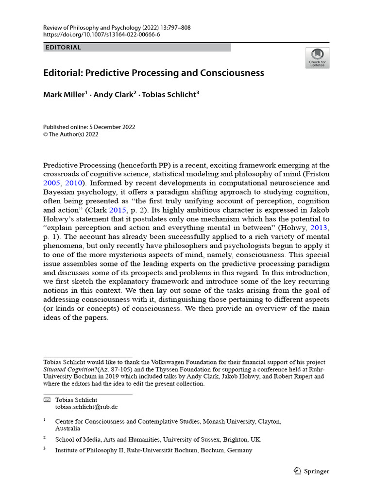 Editorial-Predictive Processing and Consciousness | PDF | Consciousness | Experience