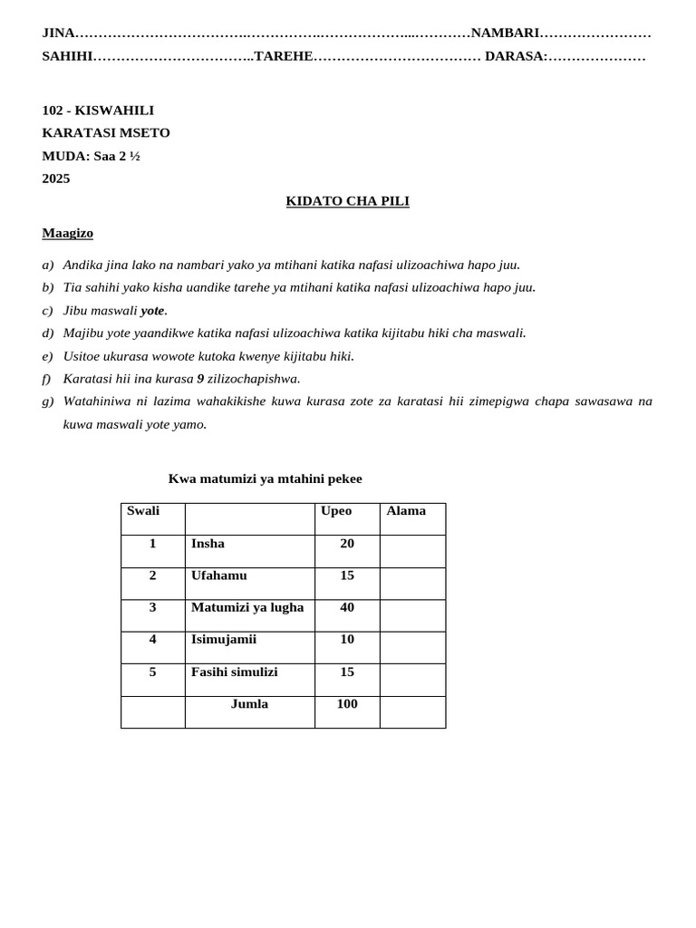 Kiswahili F2T1 2025 - QS | PDF