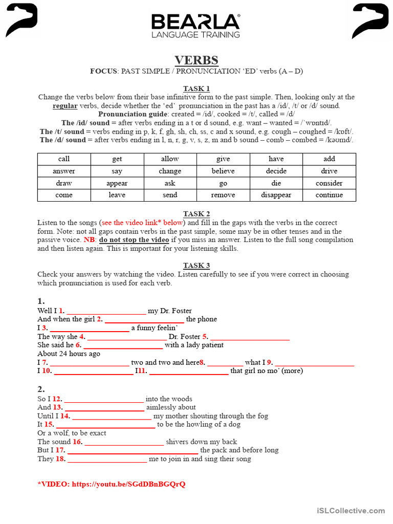 Past Simple _ 'Ed' Pronunciation and Mixed Verbs (Songs - Listening Skills) | PDF | Verb ...