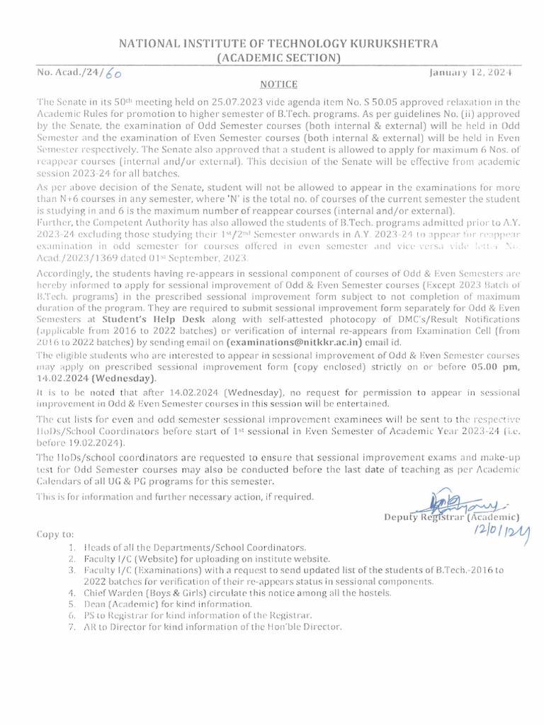 Notice For Sessional Improvement Exam For Even Semester of AY 2023 24 Last Date 14.02.2024 | PDF ...