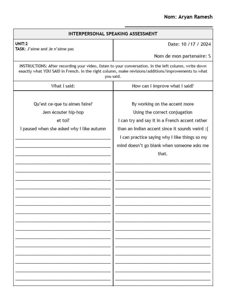 Interpersonal Speaking Assessment Transcription | PDF | Question | Grammar