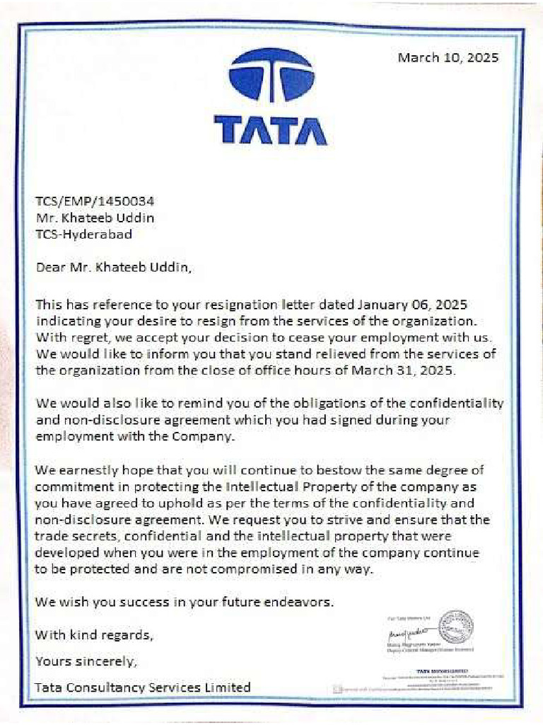 Tata Resignation Letter | PDF