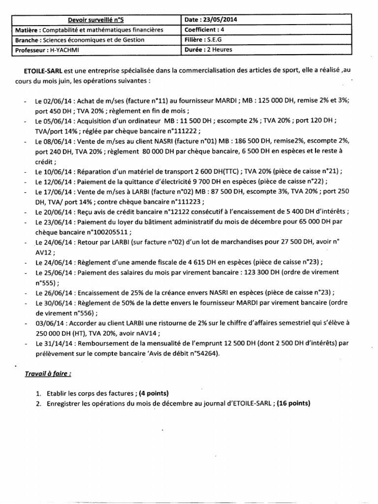 Devoir 2 Modele 5 Comptabilite 1 Bac Eco Semestre 2 | PDF