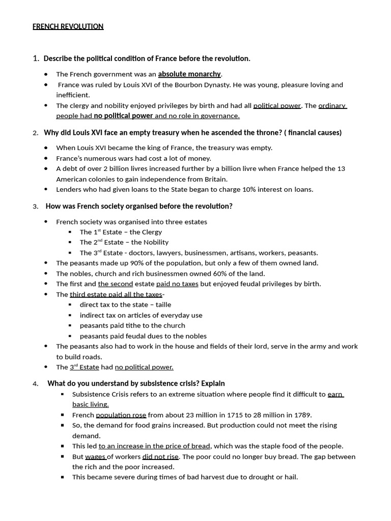 FRENCH REVOLUTION Questions Class 9 | PDF | Kingdom Of France | Nobility