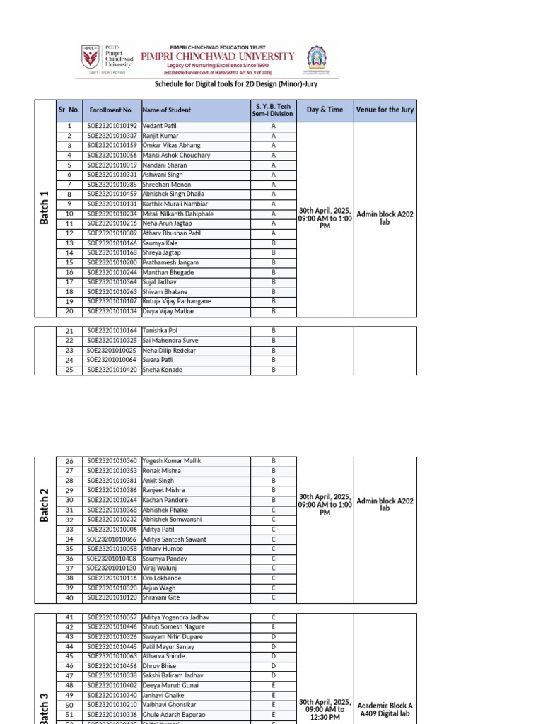 Design Minor Endsem Schedule Batchwise | PDF