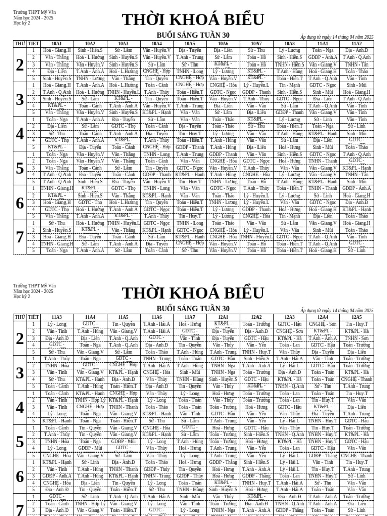 TKB HS TUẦN 30 | PDF