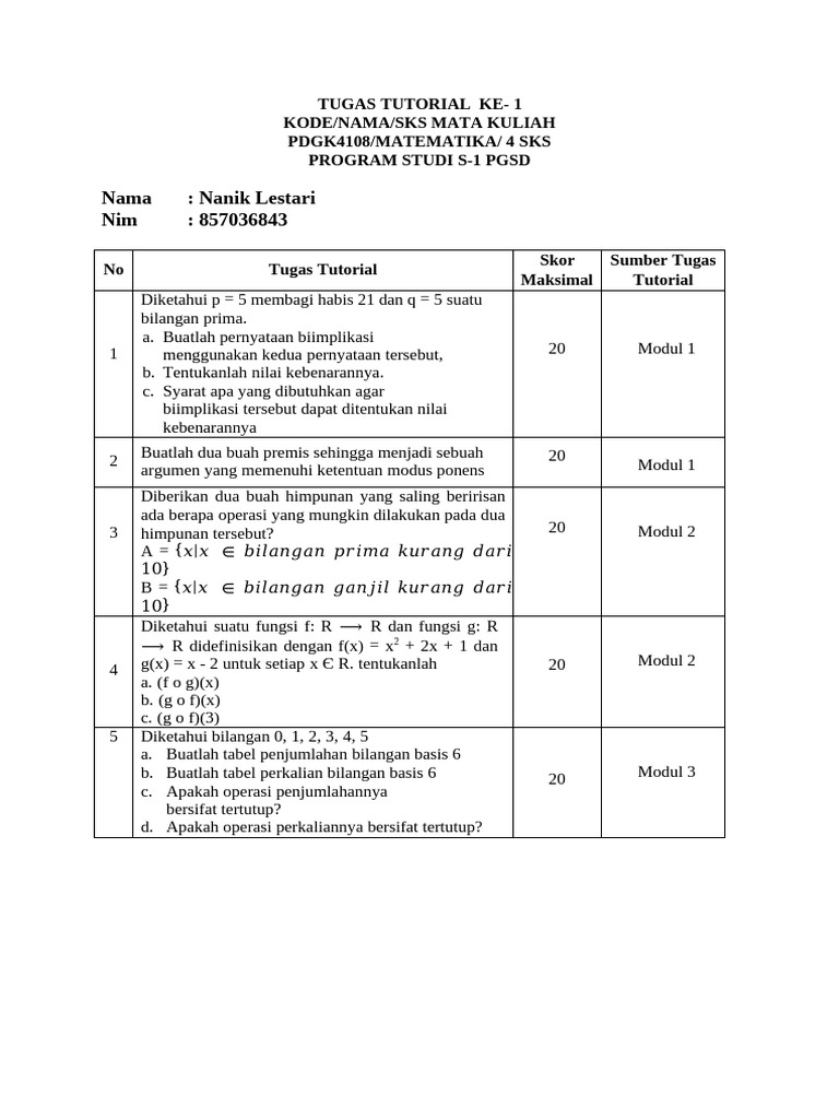 Tugas 1 MATEMATIKA (NANIK LESTARI, 857036843) | PDF