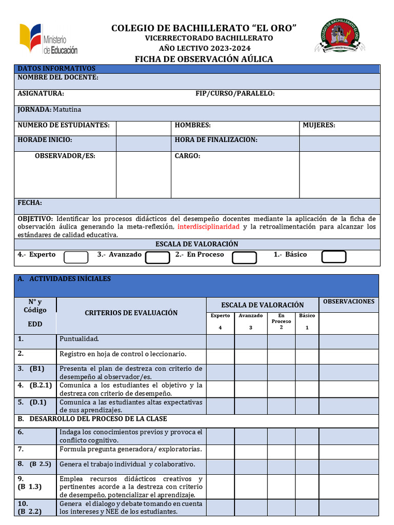 FICHA OBSERVACION AULICA 2023-2024 | PDF | Aprendizaje | Cognición