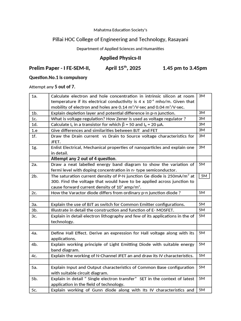 Sample Paper I- SEM-II 2025 | PDF | Field Effect Transistor | P–N Junction
