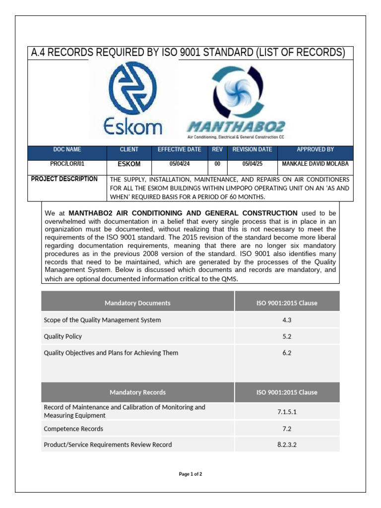 A4 RECORDS REQUIRED BY ISO 9001 STANDARD (LIST OF RECORDS) | PDF ...
