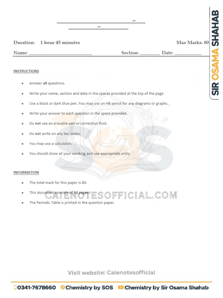Chemistry P2 Mock Paper by Osama Sahab - Caienotesofficial | PDF ...
