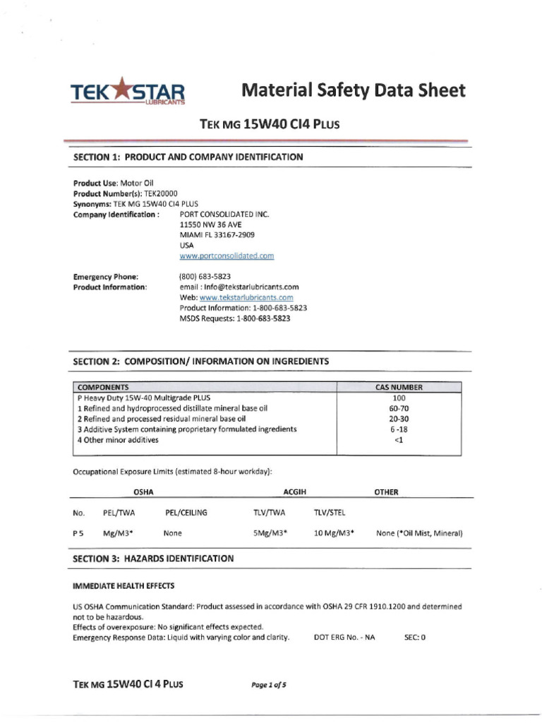 Sae 40 Msds Tek Lube Petrotex | PDF