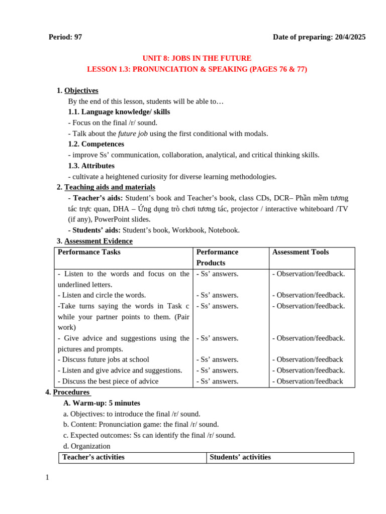 Unit 8 - Lesson 1.3 - Pronunciation & Speaking - Pages 76 & 77 | PDF ...