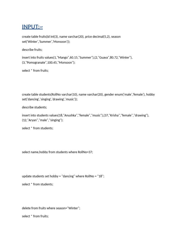 PRDBMS All Practice Code | PDF