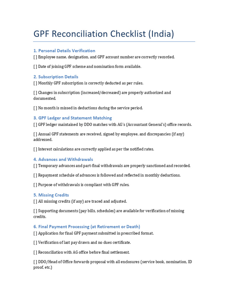 GPF Reconciliation Checklist India | PDF